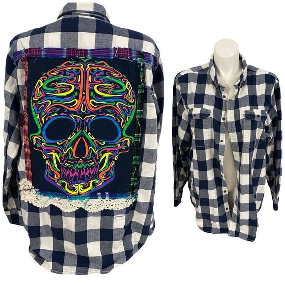 Upcycled Flannel Shirt Womens 3XL Skull Grunge Camp Rock Country ...